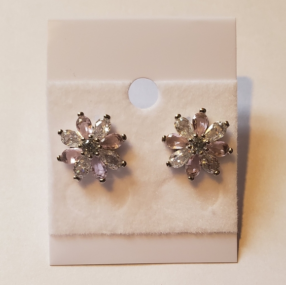 Jewelry | Rhinestone Flower Stud Earrings Pink Silver | Poshmark